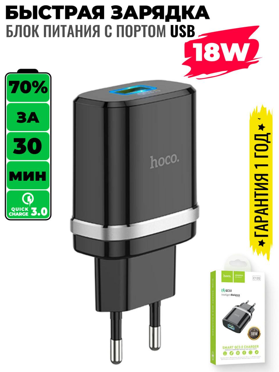 Hoco Сетевое зарядное устройство C12Q, USB, 18 Вт Quick Charge 3.0 , без кабеля , черный