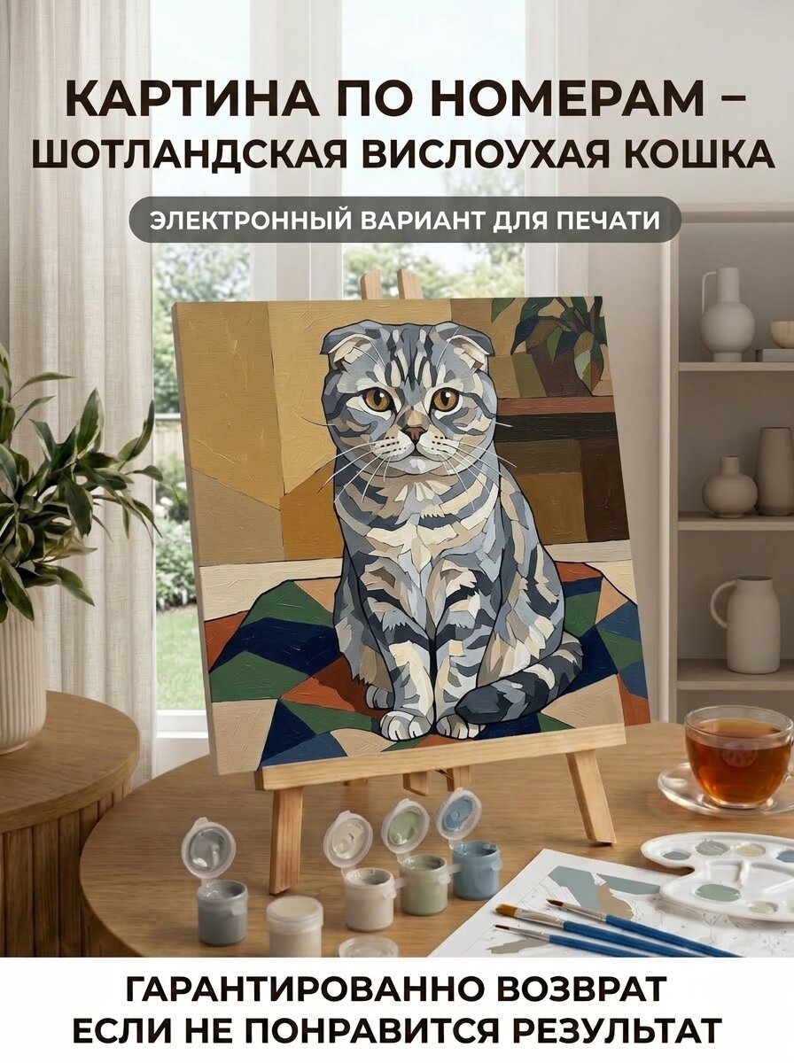 Картина по номерам "Шотландская вислоухая кошка", на холсте, PDF-инструкция