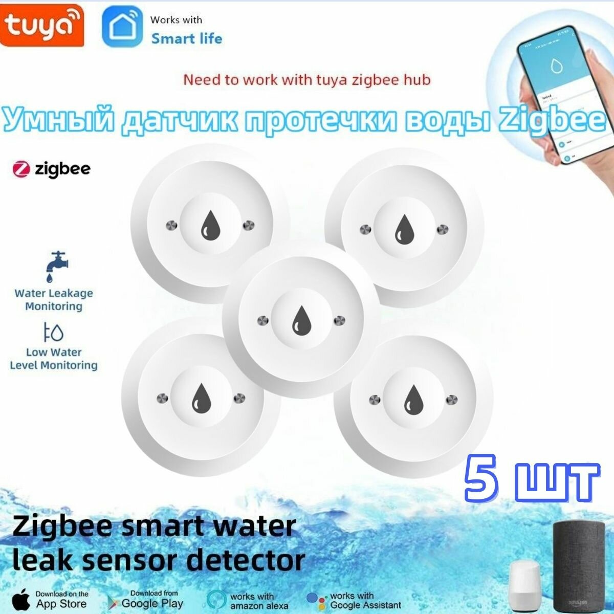 Интеллектуальный датчик утечки воды ZigBee3.0, уведомление о утечке, необходимо использовать с шлюзом ZigBee