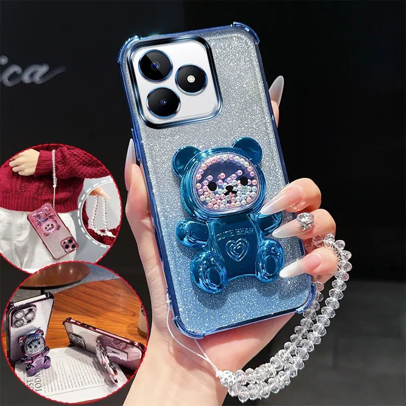 Синий чехол Realme C53 с медведем и цепочкой