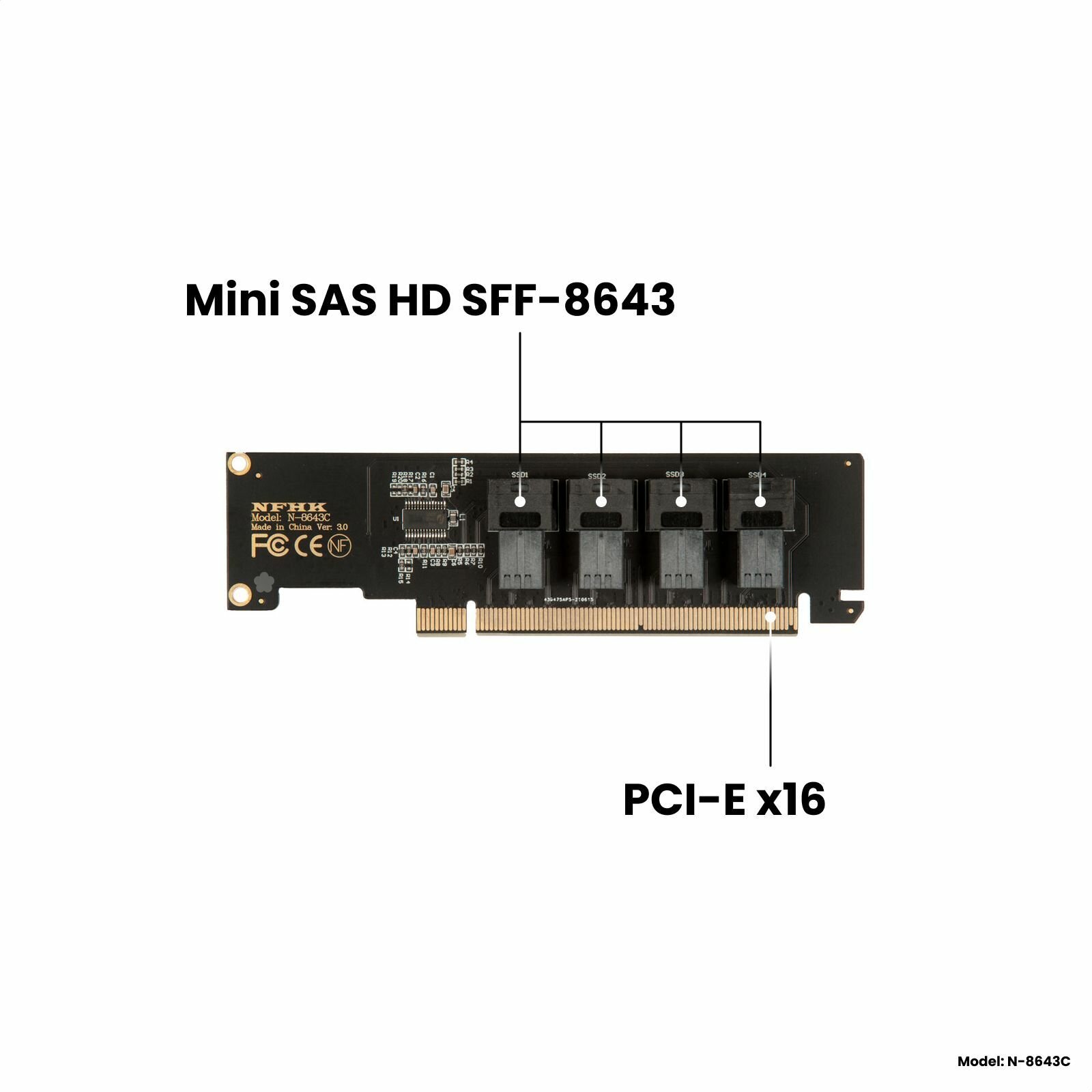 Адаптер-переходник (плата расширения) на 4 порта Mini SAS HD SFF-8643 в слот PCI-E 3.0/4.0 x16, NHFK N-8643C