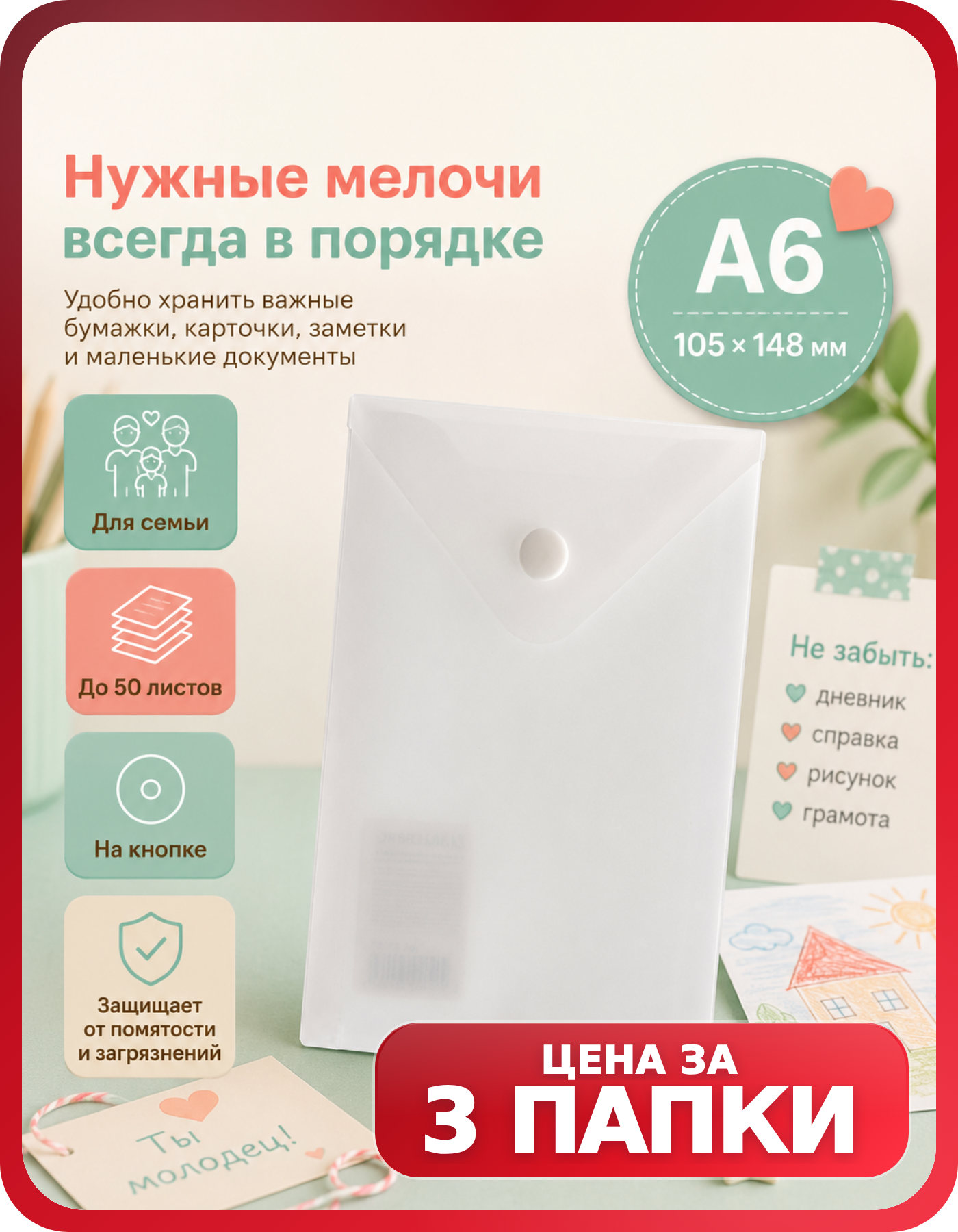 Комплект папок BRAUBERG А6 матовые, 3 шт