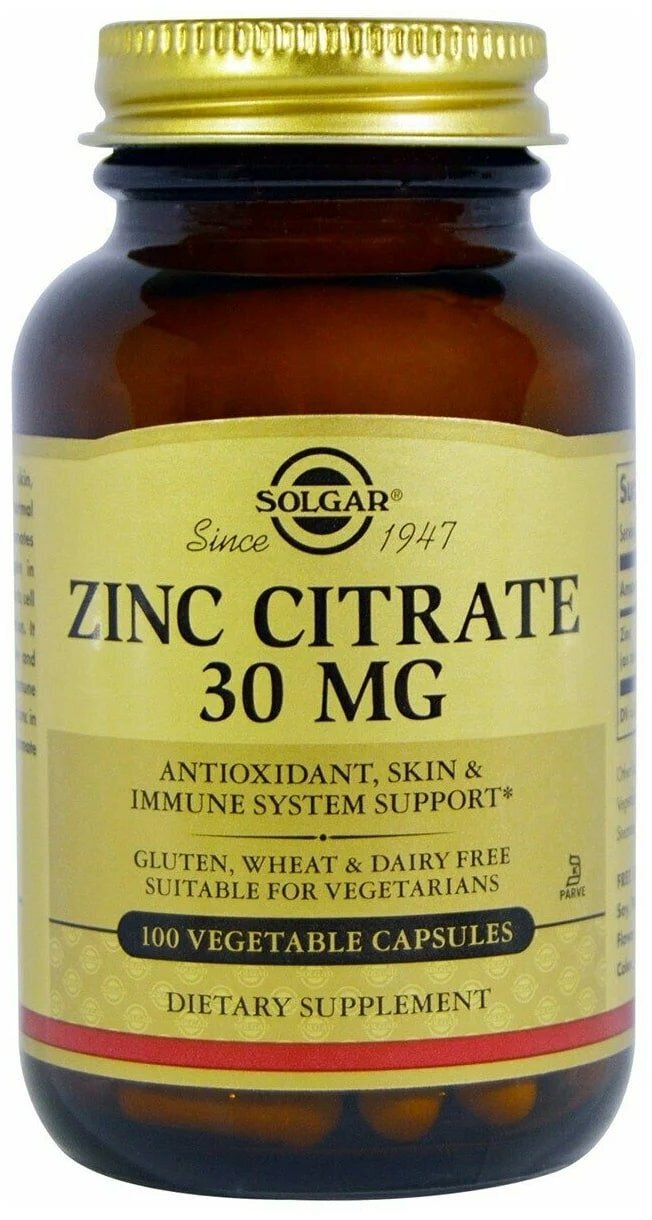 Минеральная добавка SOLGAR Zinc Citrate 30mg 100 caps Solg, 100 порции(й)