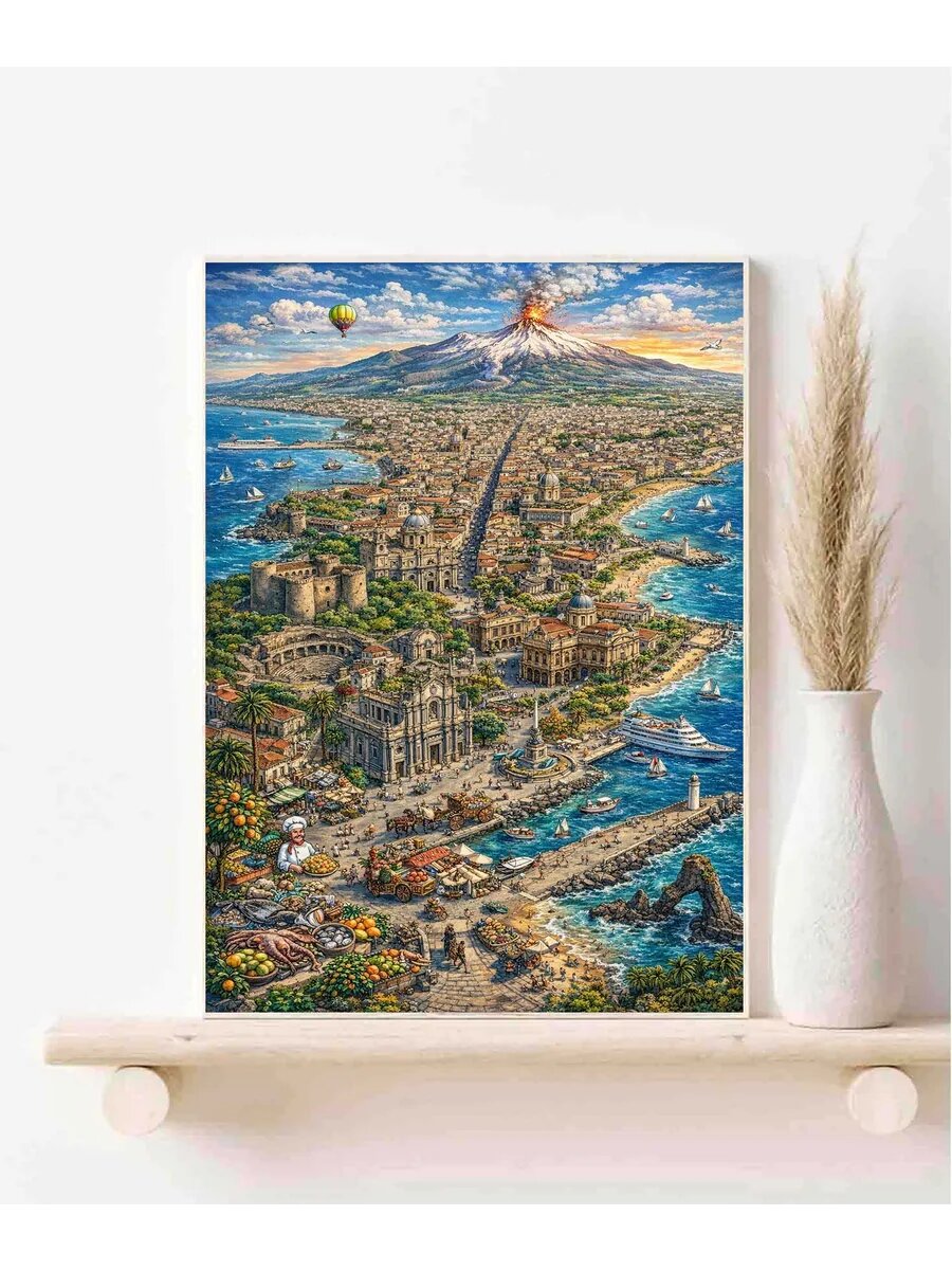 Катанья, Италия, Fantasy Map, Карта, Плакат 30x42см