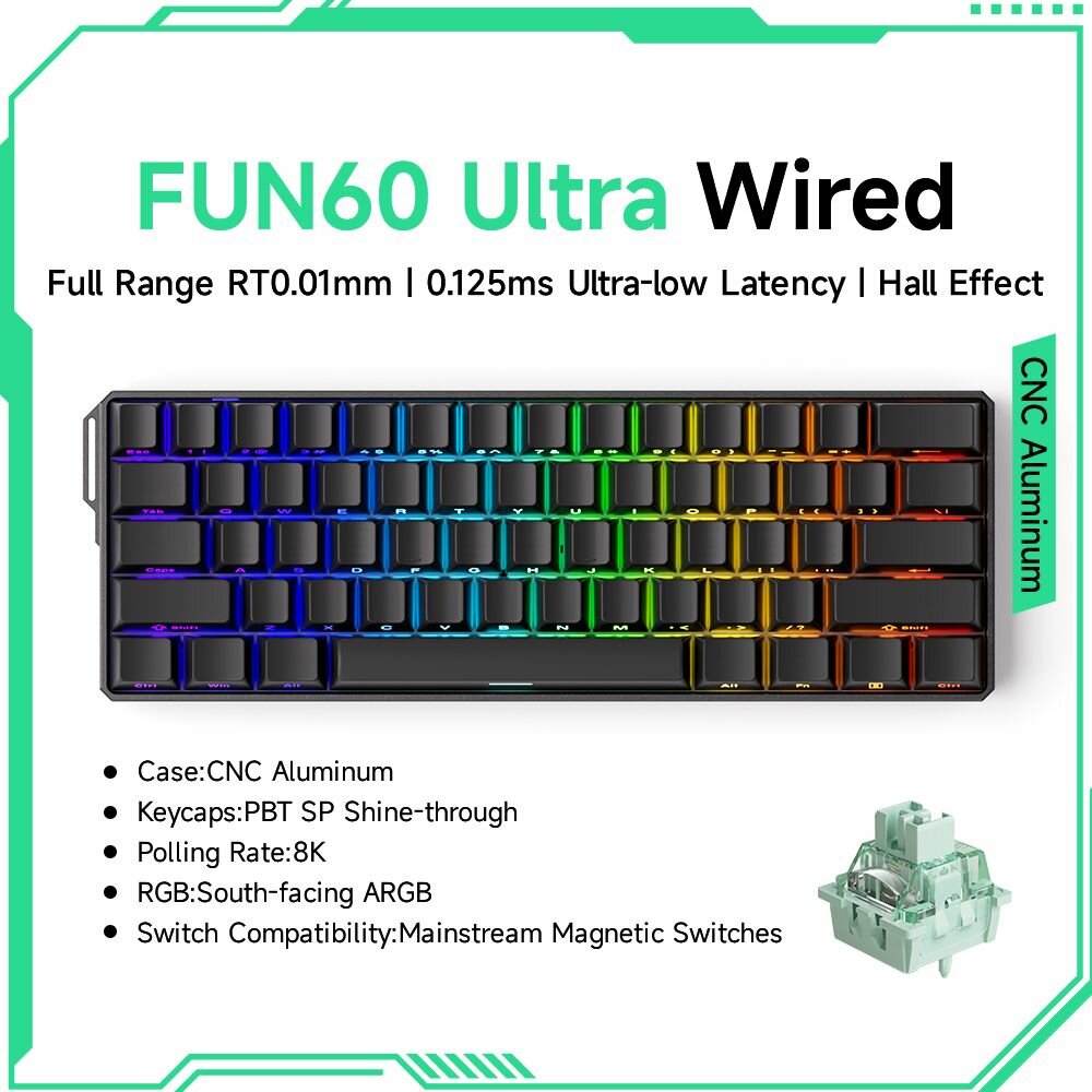 AKKO Игровая клавиатура проводная AKKO MonsGeek FUN60 Ultra single 8K SP black word прозрачная проводная магнитная клавиатура RGB с 61 клавишей, версия US pure magnetic axis, (Akko Glare Magnetic), Ан