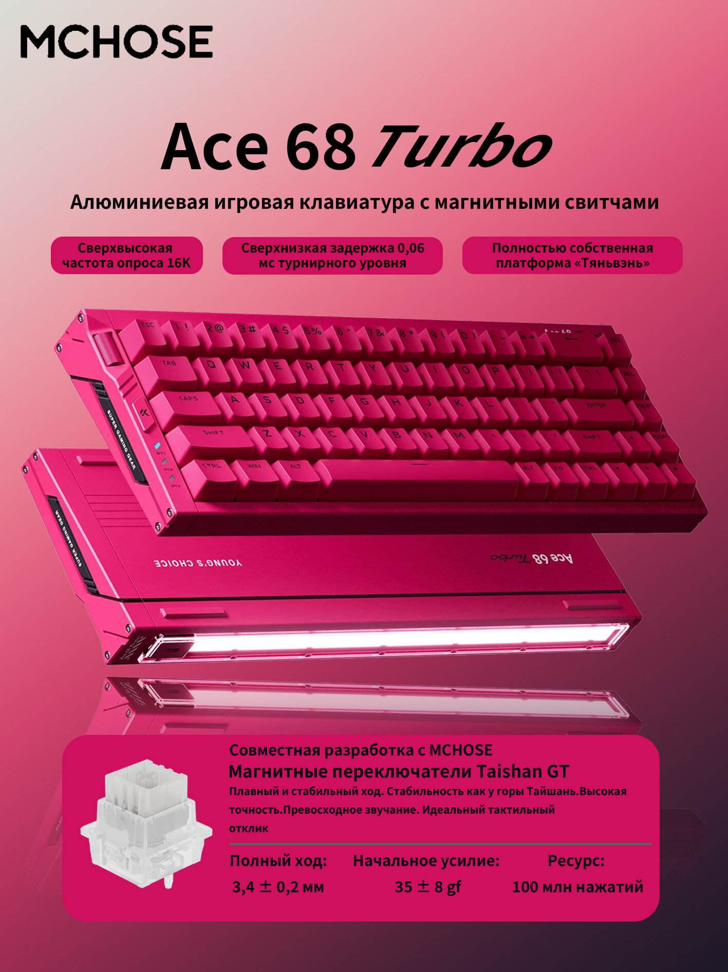 Клавиатура MCHOSE Ace 68 Turbo, 16K Гц, магнитная, красныйалюминий, для игр