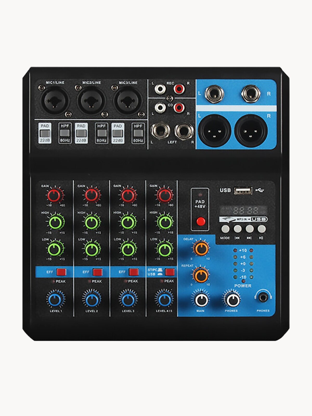 Микшерный пульт J.I.Y F-5A, 5-канальный, с реверберацией, USB, 21 см x 20,5 см x 6,5 см