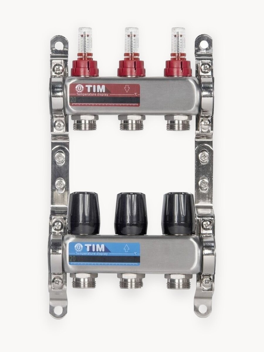 Коллекторная группа 3 контура с расходомерами 1" * 3/4" E, нерж. сталь, TIM, KDS5003