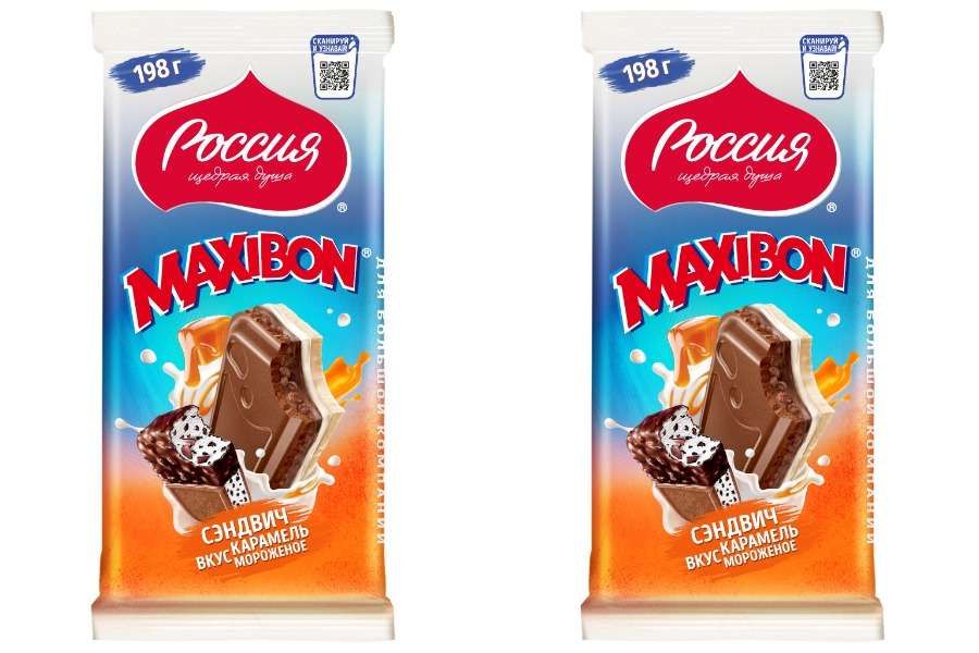 Россия Максибон молочный и белый шоколад сендвич, карамель, мороженое, 198 г, 2 шт