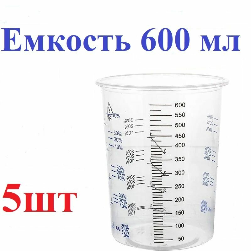Емкость пластиковая 600 мл для смешивания красок 5 шт. Мерный стакан