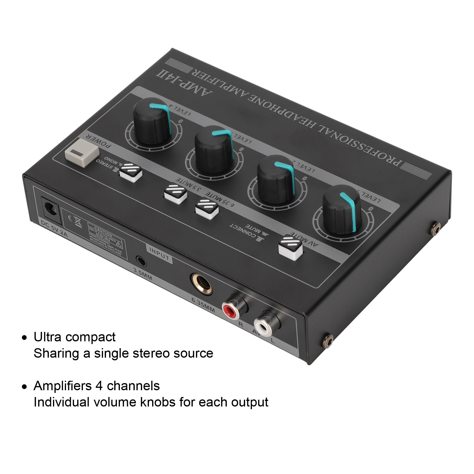 AMP 14II 4-канальный усилитель для наушников Компактный 4-полосный стереоусилитель для наушников с адаптером 12 В, 2 А для студийной сцены, 100–240 В