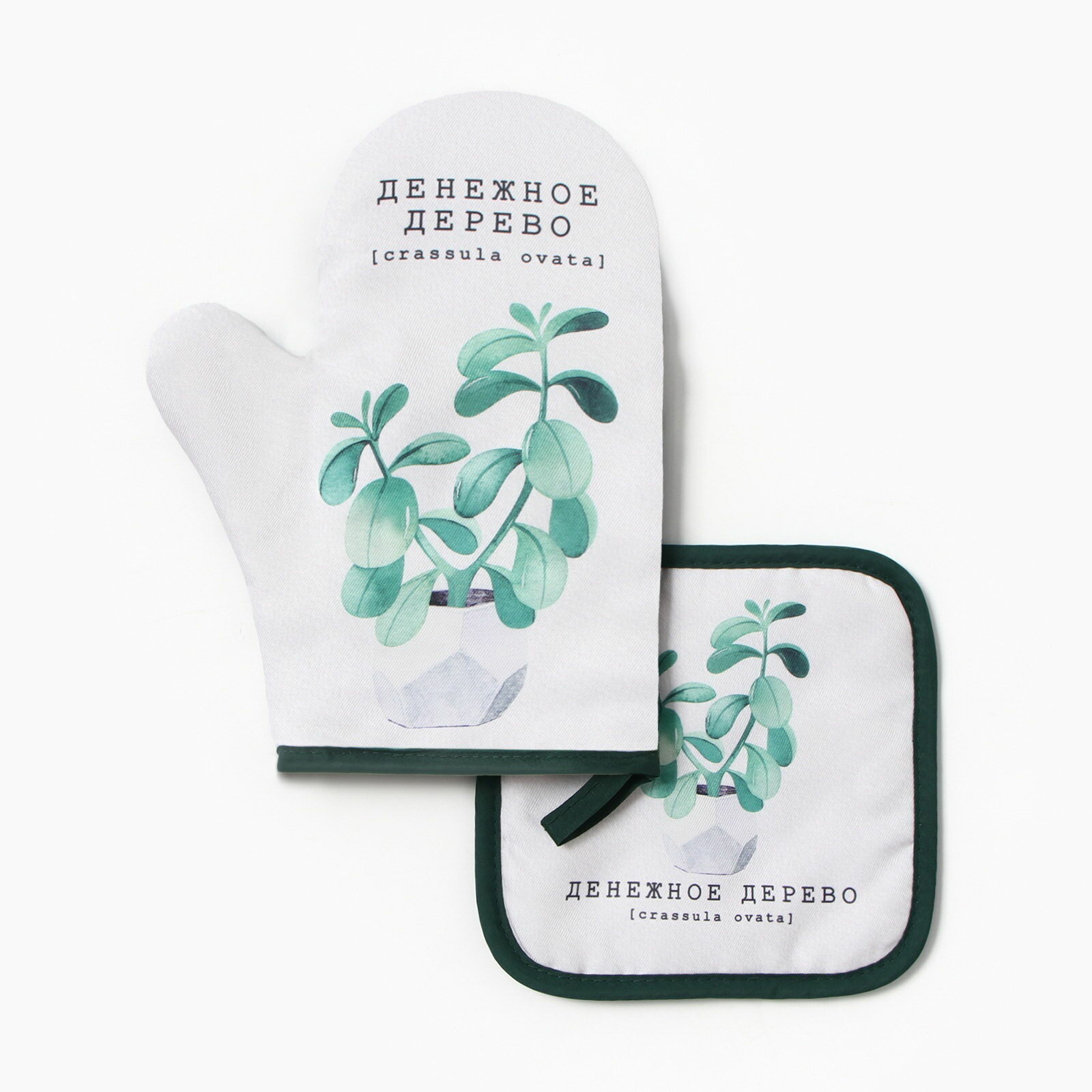 Кухонный набор "Денежное дерево": варежка-прихватка 20x27 см, прихватка 17x17 см
