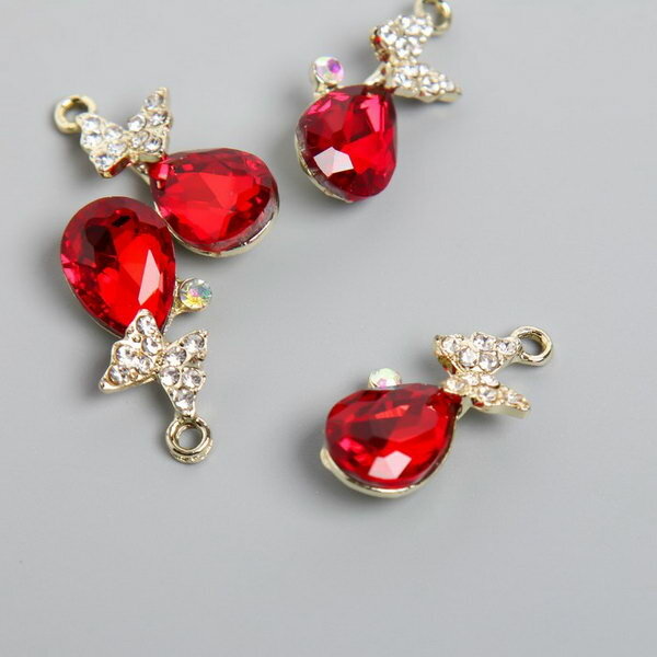 Декор для творчества металл, стразы "Рубиновая капелька с бабочкой" золото 1.4х2.7 см