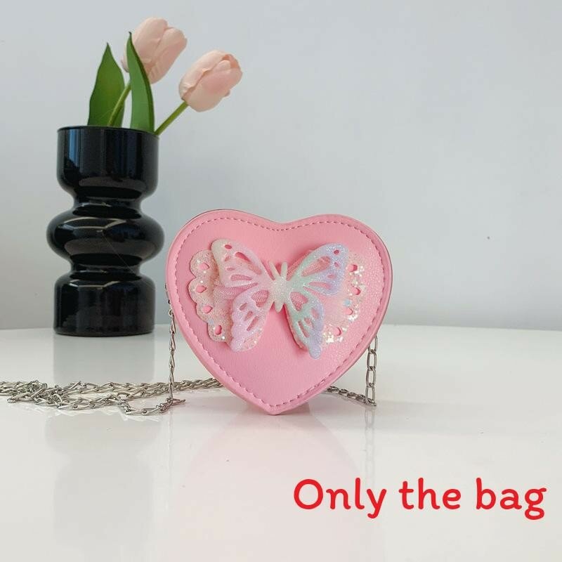Youth girl leather heart shoulder bag with butterfly embellishments for daily wear, pink