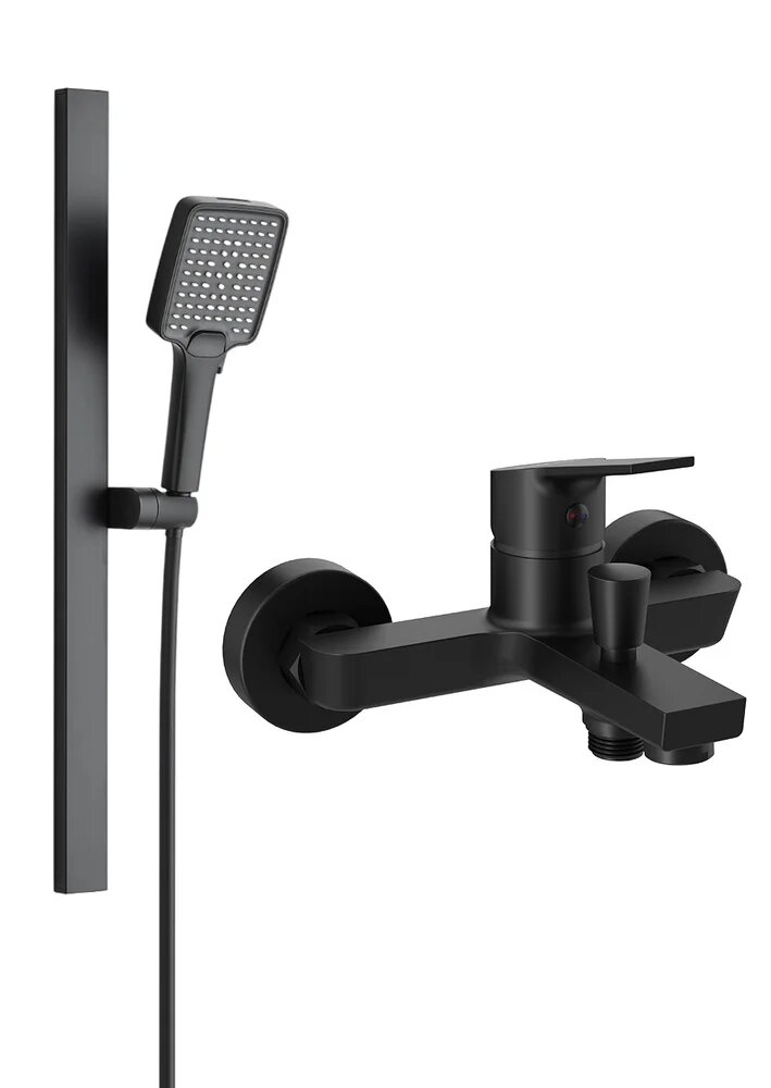 Смеситель для ванны с душем STWORKI Кронборг S28100BK с душевым гарнитуром, настенный, однорычажный, черный, матовый, латунный, с керамическим картриджем