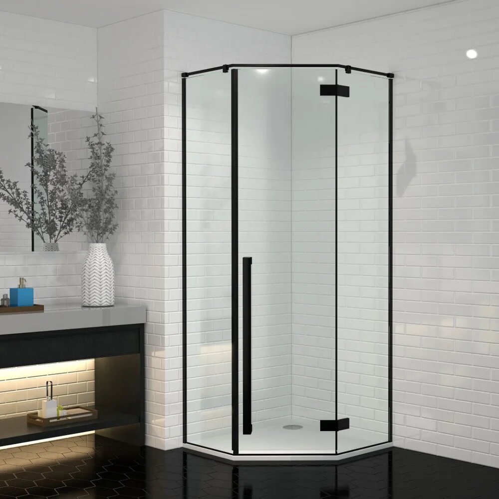 Душевой уголок Ceruttispa C2A без поддона, стеклянный, черный, 98x98, с распашными дверями, пятиугольный