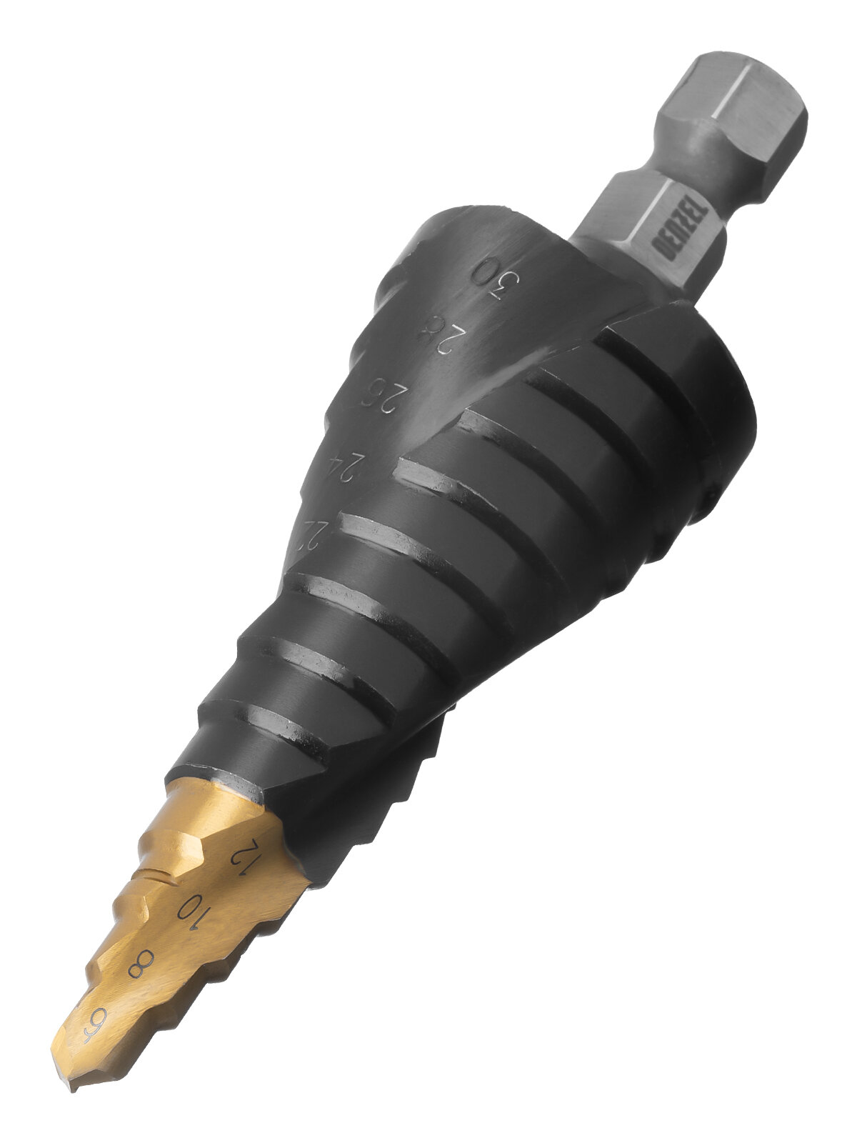 Сверло ступенчатое по металлу Denzel, 6, 8, 10, 12, 14, 16, 18, 20, 22, 24, 26, 28, 30 мм, 6-гр. хвостовик, Р6М5, 723604