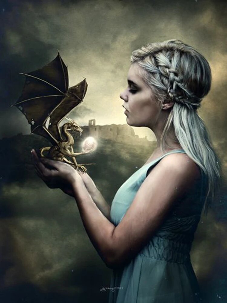 Алмазная мозаика на подрамнике "Девушка и дракон" круглые бриллианты 40х50см