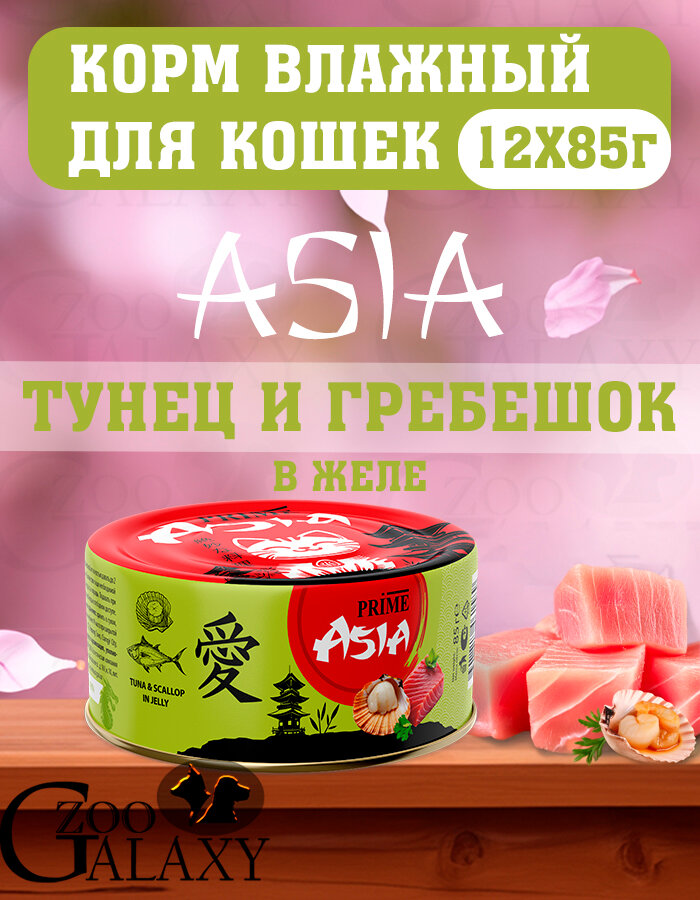 PRIME Влажный корм ASIA для кошек, тунец и гребешок в желе 12х85г