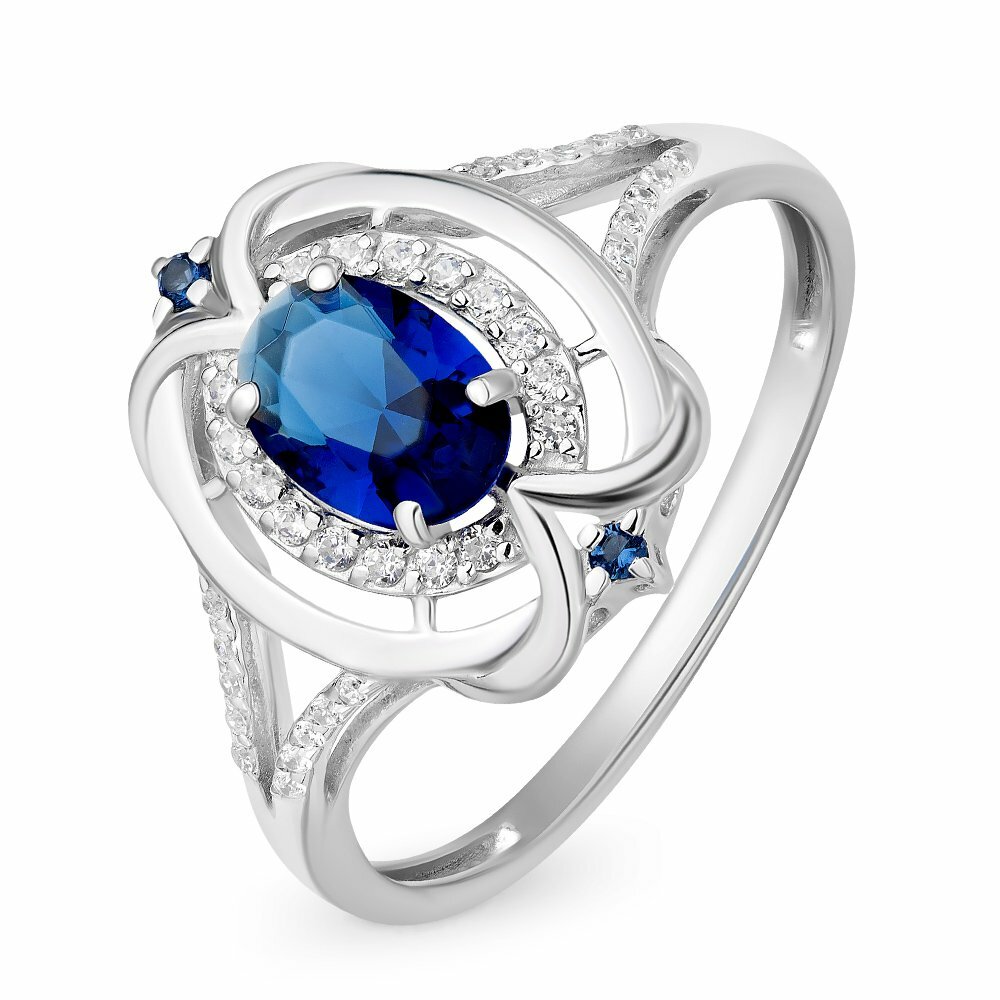 Кольцо, белое золото, 585 проба, родирование, бриллиант, сапфир