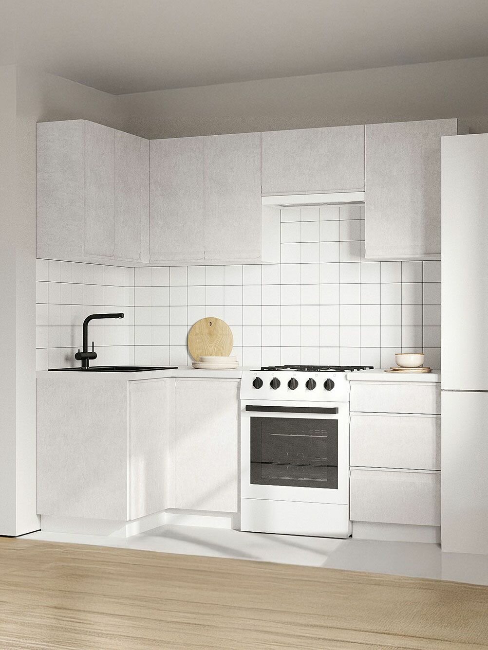 Кухонный гарнитур Велюр 210х100 см, мебель для дома и кухни, Белый / Бетон снежный