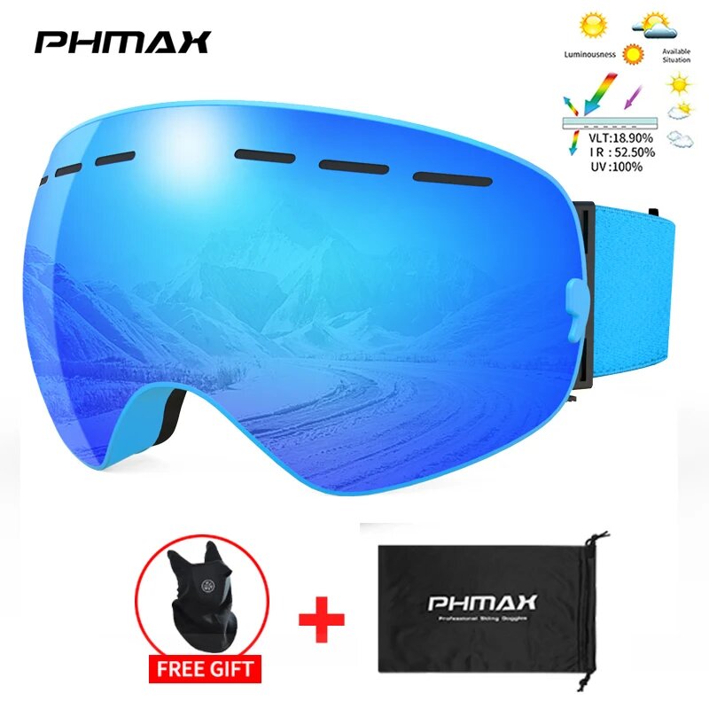 Лыжные очки PHMAX, двухслойные линзы, лыжные очки UV400, защита от запотевания, очки для сноуборда, спортивные очки для катания на лыжах на открытом воздухе, мужские и женские очки, Синий, Унисекс