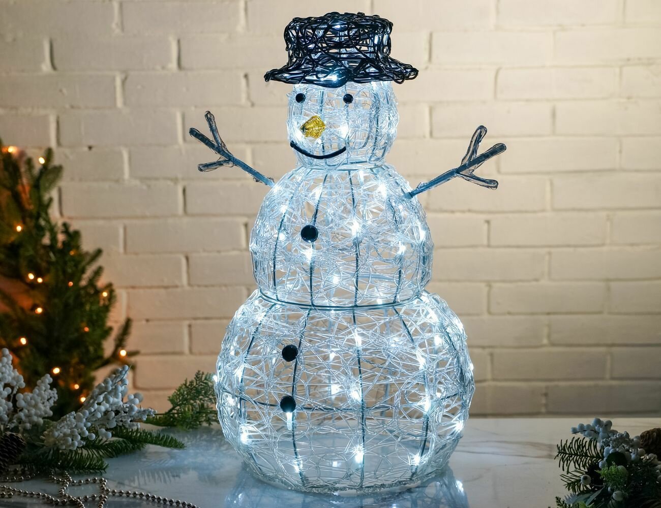 Светящаяся фигура сияющий снеговик, акриловые нити, 80 холодных белых LED-огней мигающих, 65 см, уличный, Kaemingk 491431
