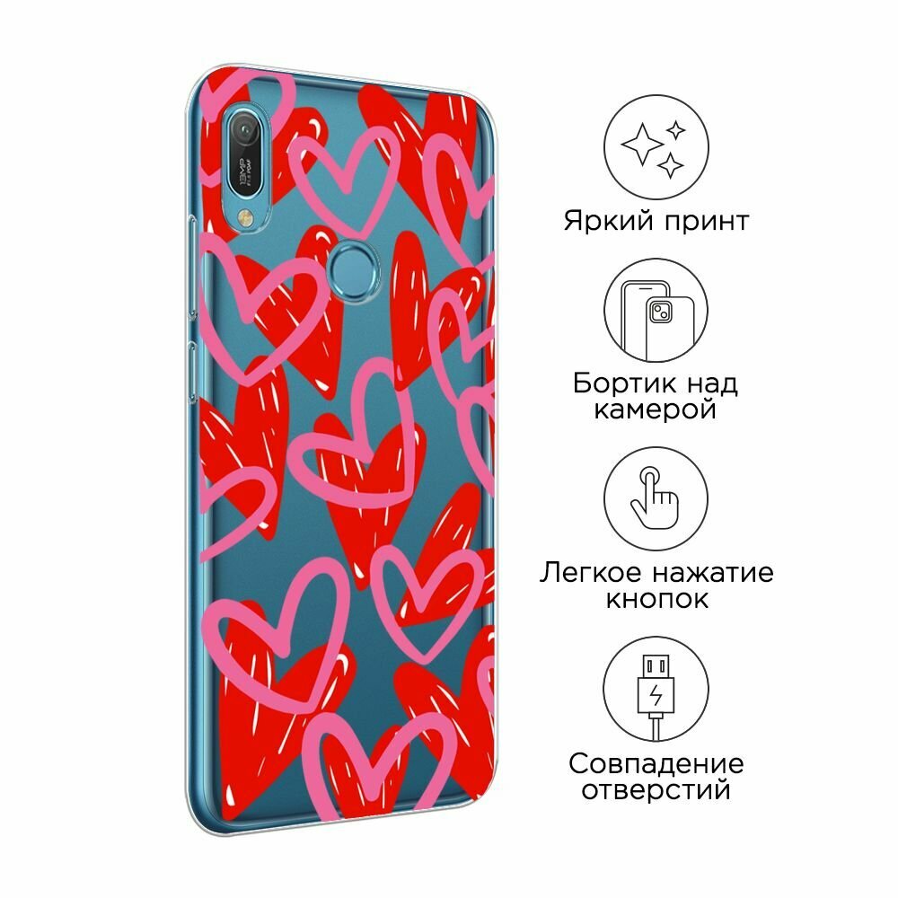 Чехол на Honor 8A/8A Pro/Huawei Y6s/Y6 2019 / Хонор 8А с принтом "Hearts doodles - 14 февраля", прозрачный — фото 1