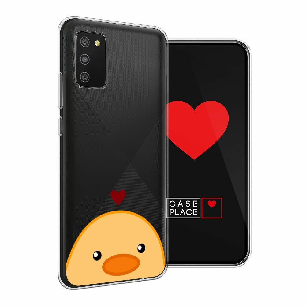 Чехол на Samsung Galaxy A02s / Самсунг Галакси A02s с принтом "Влюблённая уточка - 14 февраля", прозрачный — фото 1