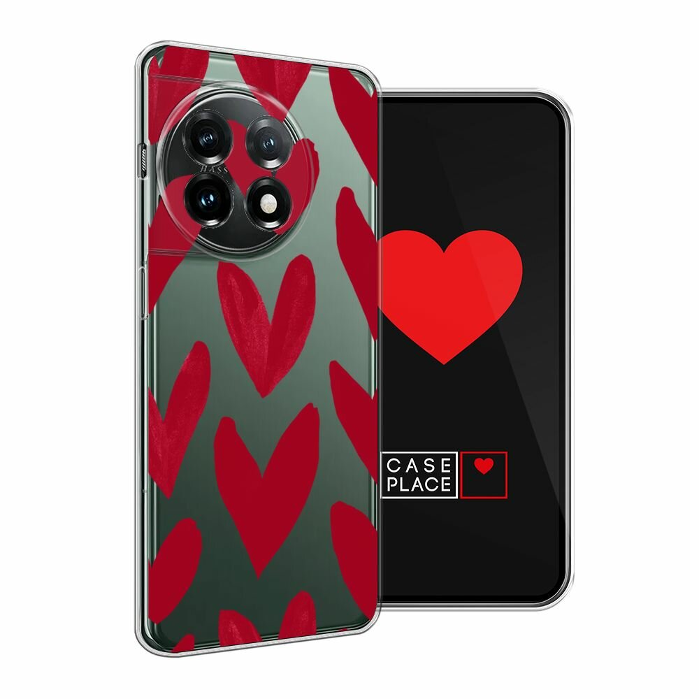 Чехол на OnePlus 11 / Ван Плас 11 с принтом "Красные сердечки рисунок - 14 февраля", прозрачный — фото 1