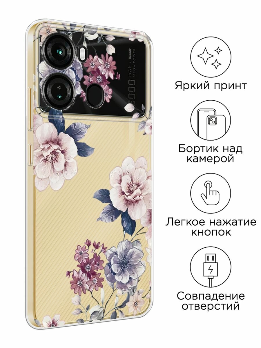 Чехол на Itel P40 / Ител P40 с принтом "Нежные винтажные цветы", прозрачный — фото 1
