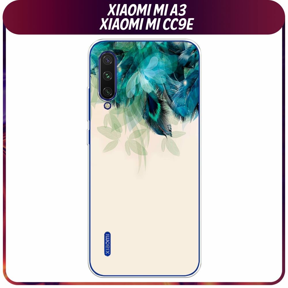 Чехол на Xiaomi Mi CC9E/Mi A3 / Сяоми Mi CC9E/Mi A3 с принтом Перья голубого цвета