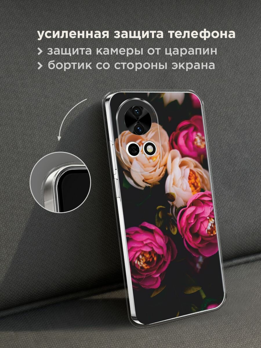 Чехол на Huawei Nova 12/Nova13 / Хуавей Нова 12/Нова 13 с принтом "Розовые пионы на черном" — фото 1