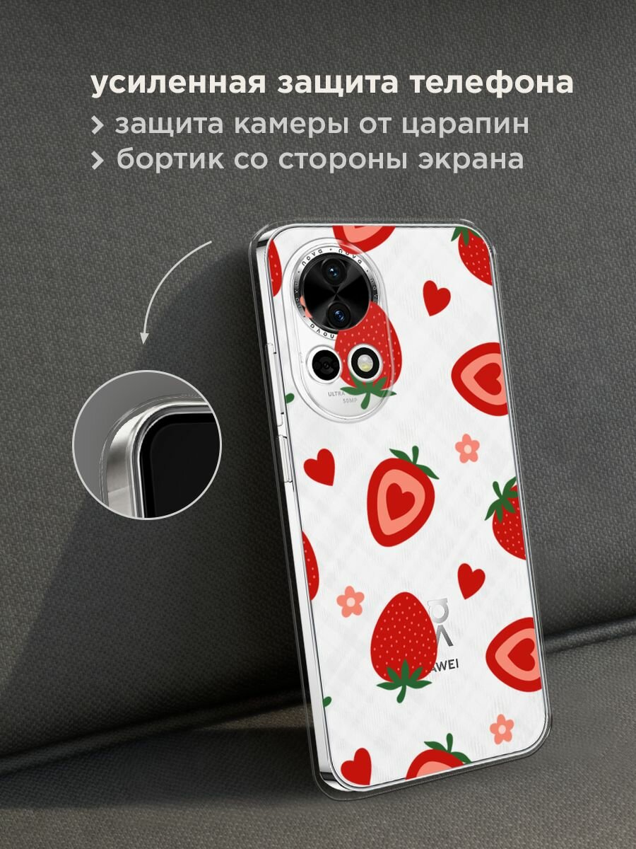 Чехол на Huawei Nova 12/Nova13 / Хуавей Нова 12/Нова 13 с принтом "Heart strawberries 2 - 14 февраля", прозрачный — фото 1