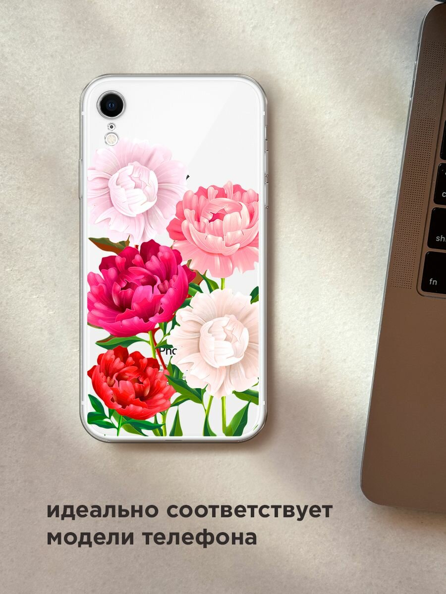 Чехол на Apple iPhone XR / Айфон XR с принтом "Большие пионы", прозрачный — фото 1