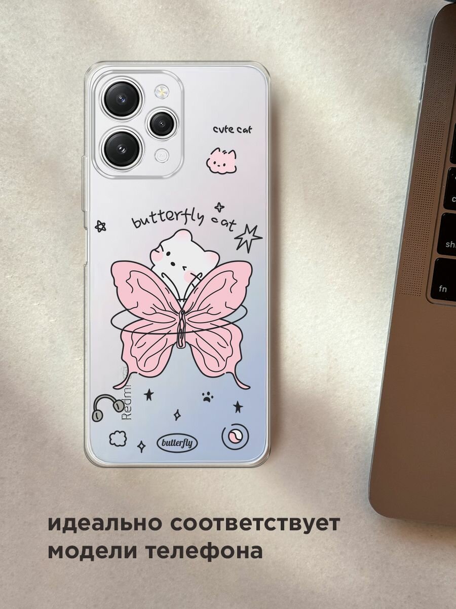 Чехол на Xiaomi Redmi 12 5G / Сяоми Редми 12 5G с принтом "Котик-бабочка", прозрачный — фото 1