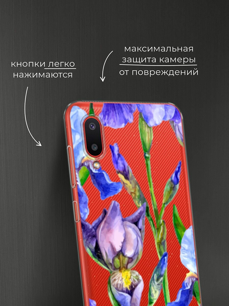 Чехол на Samsung Galaxy A02 / Самсунг Галакси А02 с принтом "Синие ирисы", прозрачный — фото 1