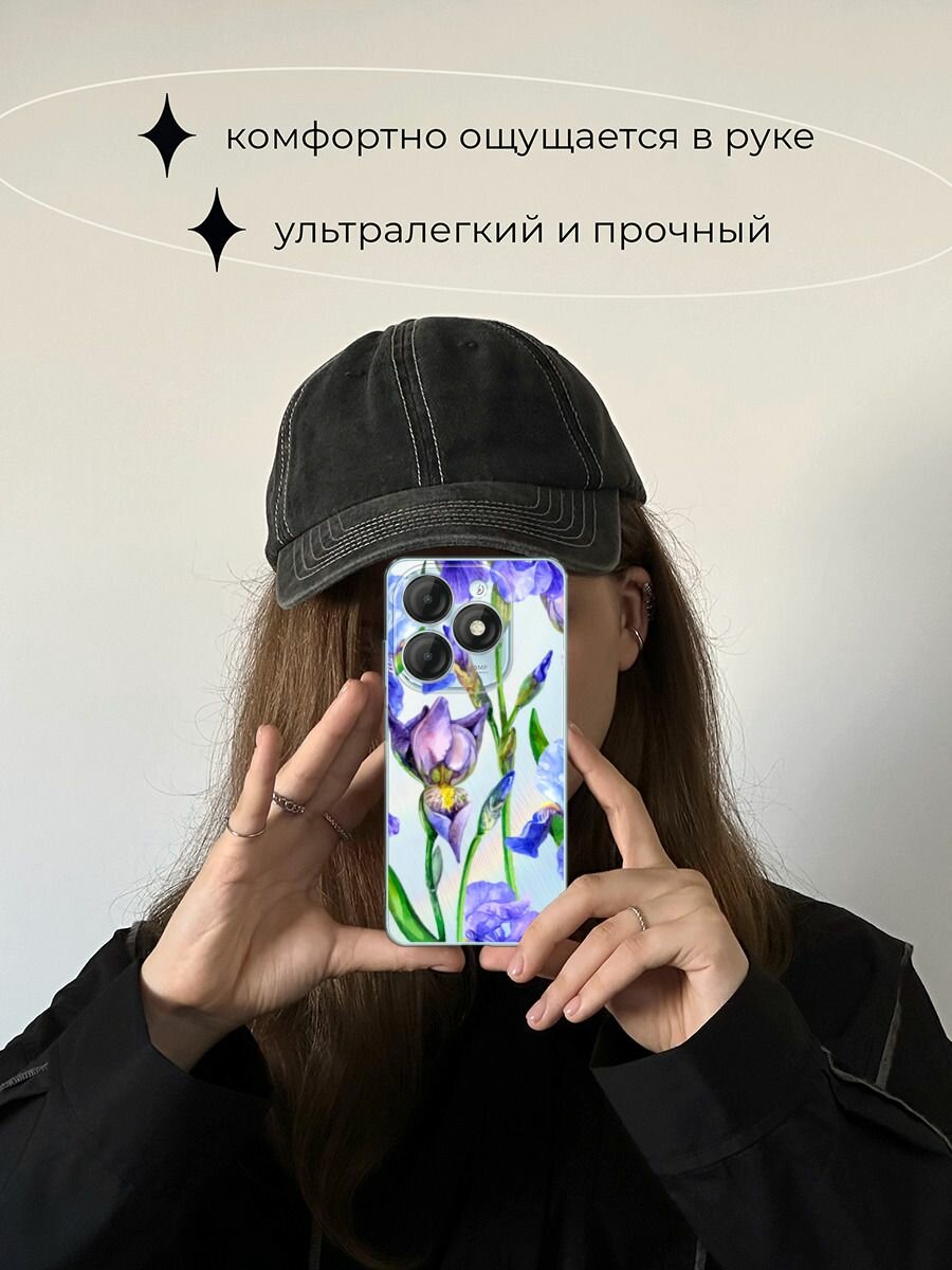 Чехол на Itel P55 / Ител Р55 с принтом "Синие ирисы", прозрачный — фото 1