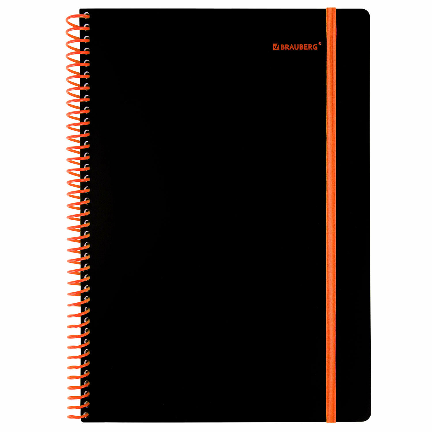 Brauberg Тетрадь А4 80 л спираль пластик, резинка, клетка, черный/оранжевый 405382
