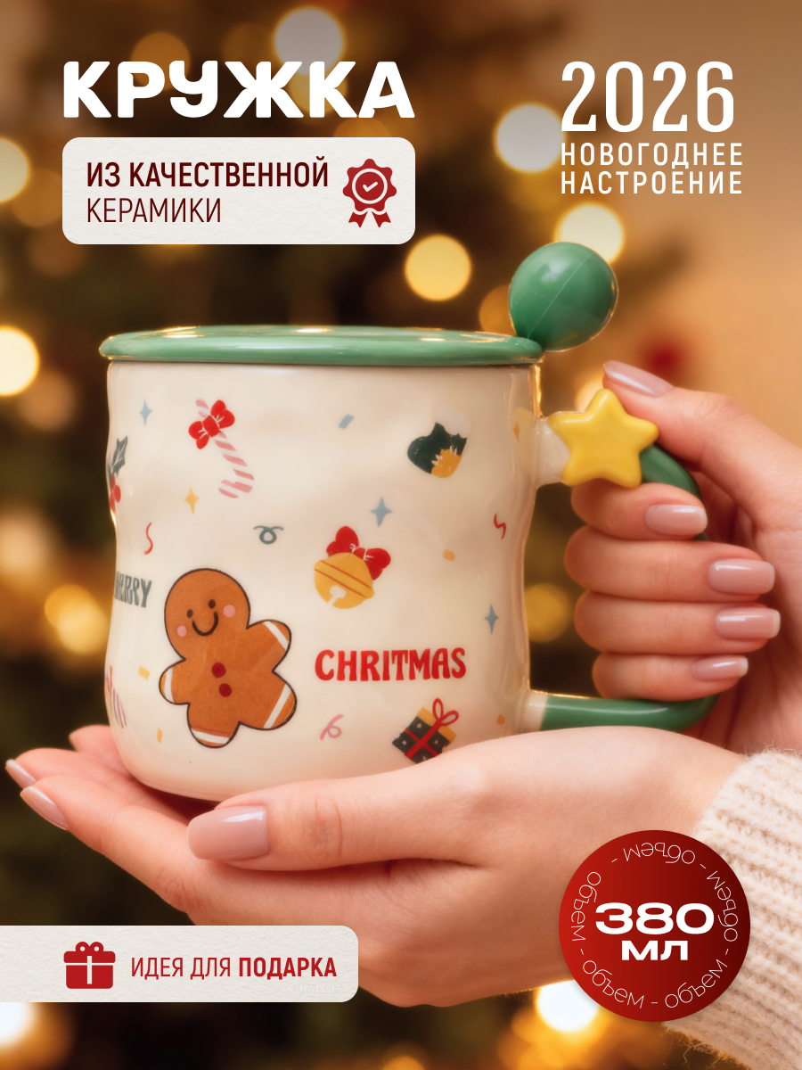 Кружка для чая новогодняя "Новый год Пряник" зеленая 380 мл, с крышкой и ложкой, керамика, подарочная, праздничная