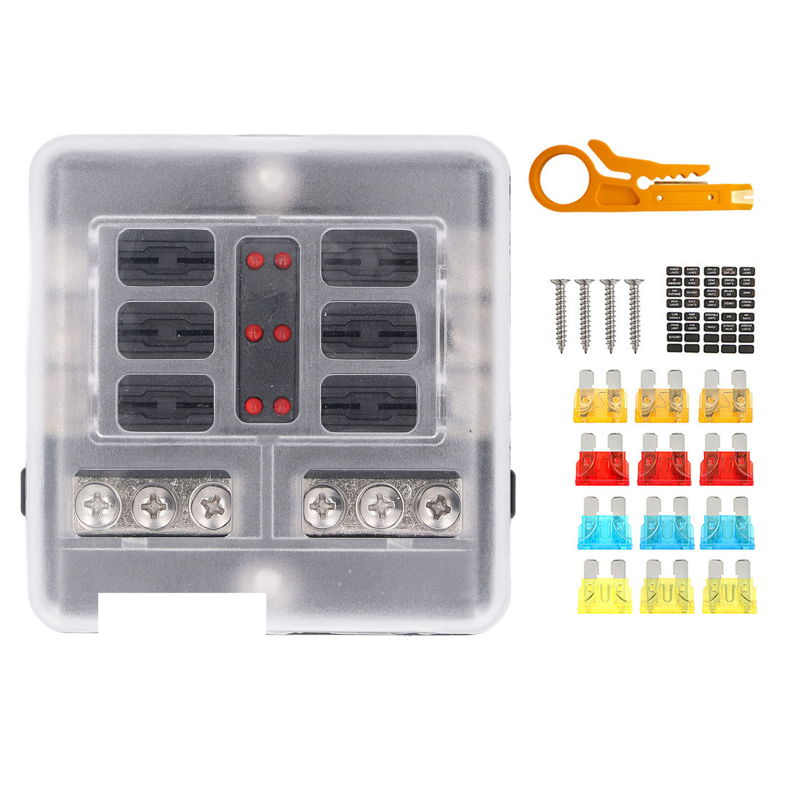 6-контактный блок предохранителей со светодиодным индикатором, водонепроницаемая крышка, панель предохранителей с отрицательной шиной для DC12V 24V автомобиля, грузовика, лодки, автофургона, прицепа