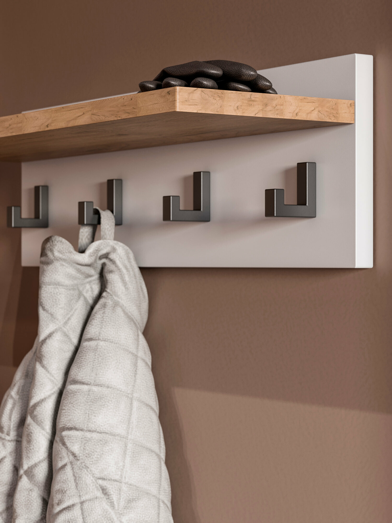 Вешалка "Крафт 2", с полкой и 4 крючками, настенная, цвет белый/дуб. "Мебельно"