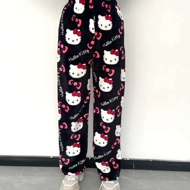 Пижамные штаны Hello Kitty с рисунком 2000 года, милые, модные, повседневные, фланелевые, теплые, шерстяные, осенне-зимние, для взрослых девочек, Размер: M