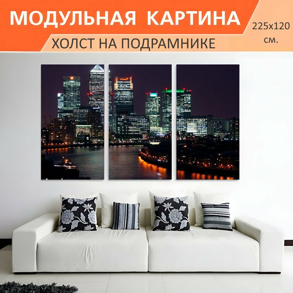 Модульная картина на холсте "Город, строительство, ночной вид" триптих на подрамнике 225х120 см. для интерьера
