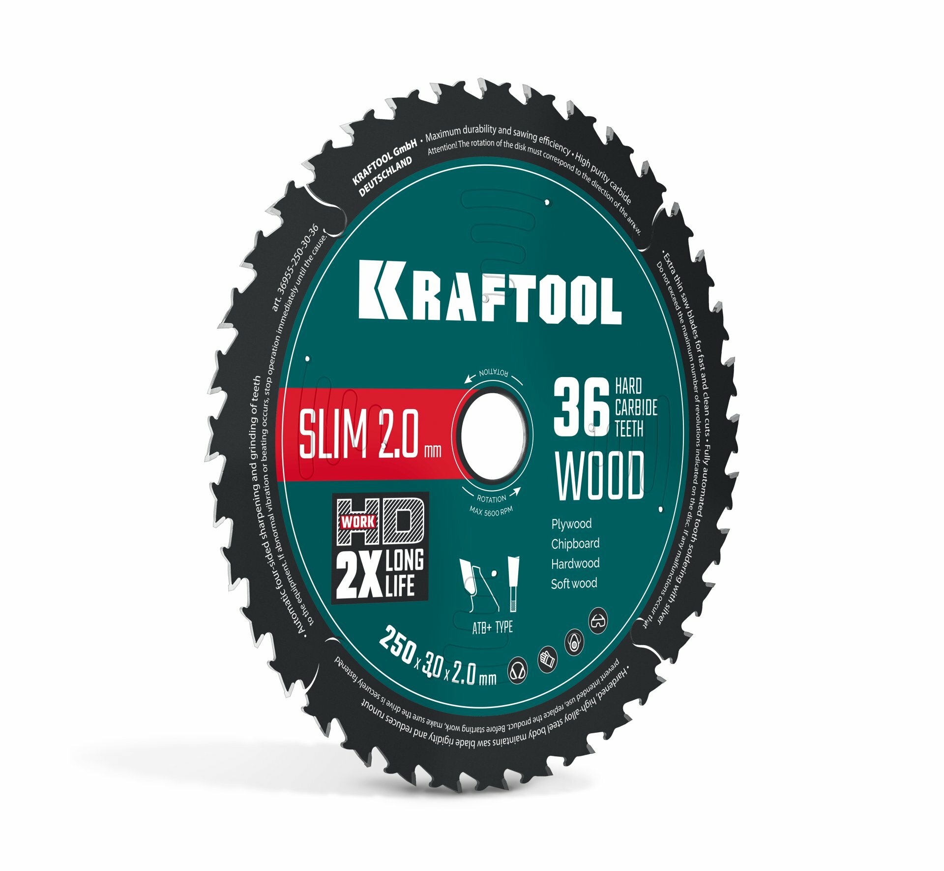 KRAFTOOL Slim wood cut 250 х 30 x 2.0 мм, 36Т, диск пильный по дереву, (36955-250-30-36)