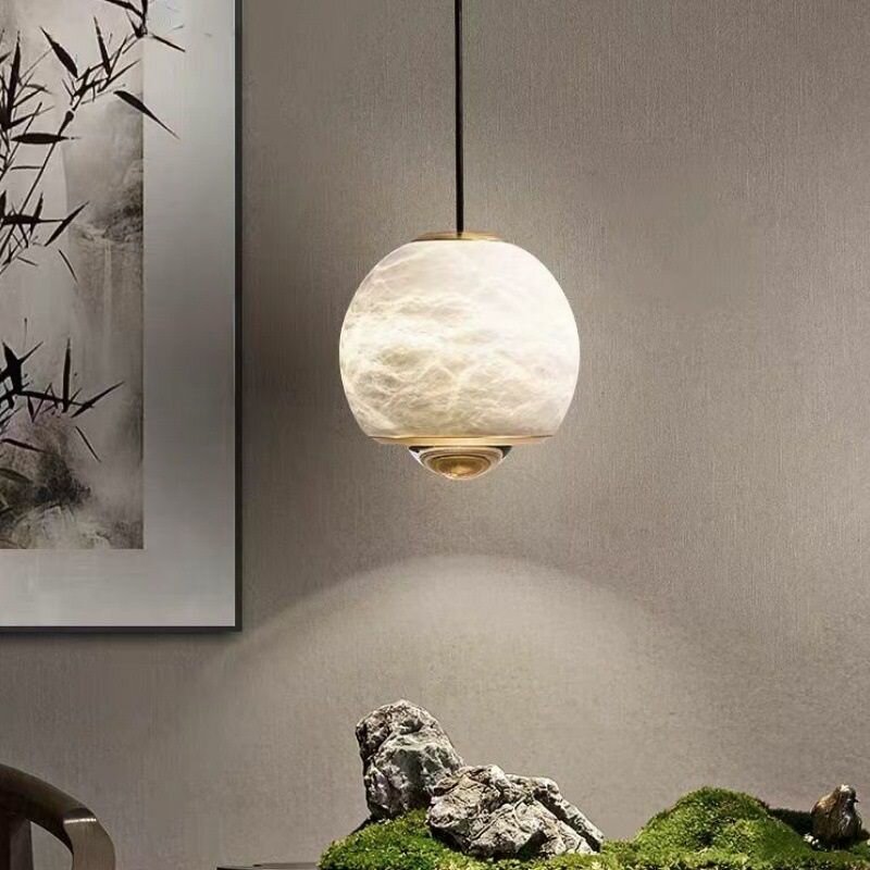 Высококачественная круглая люстра, абажур из испанского натурального мрамора, основная лампа в гостиной, трехцветное затемнение