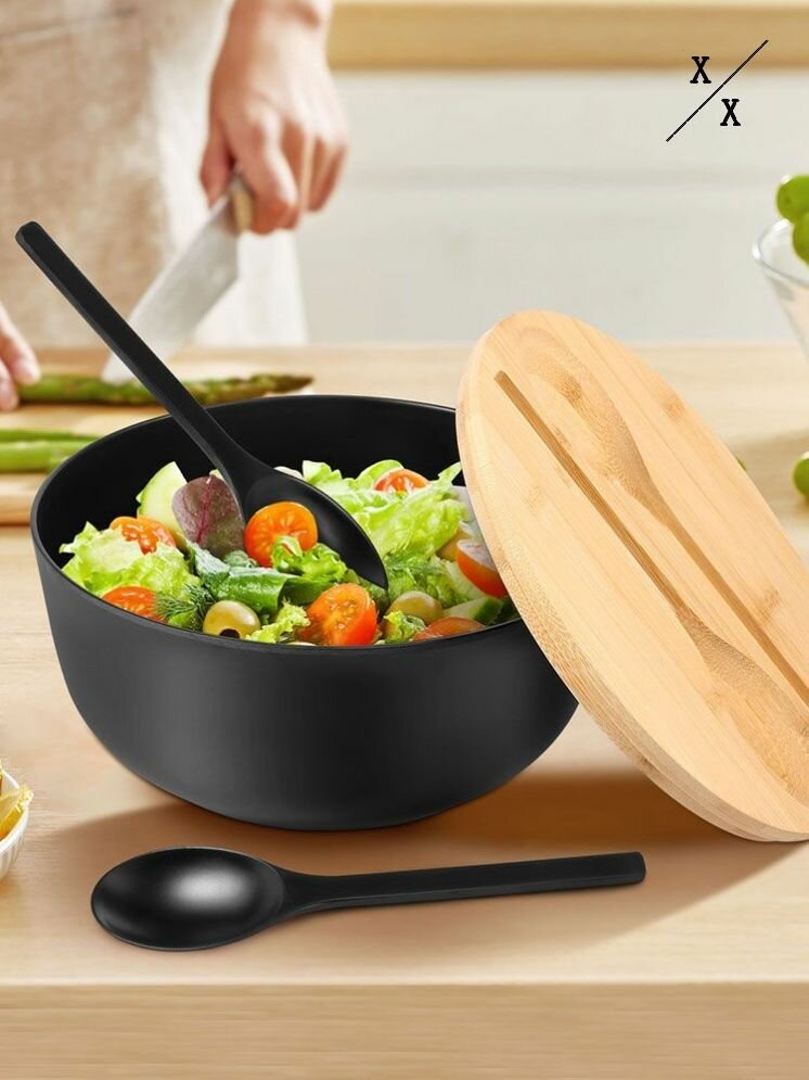 Салатница из бамбукового волокна с бамбуковой крышкой, вилкой и ложкой