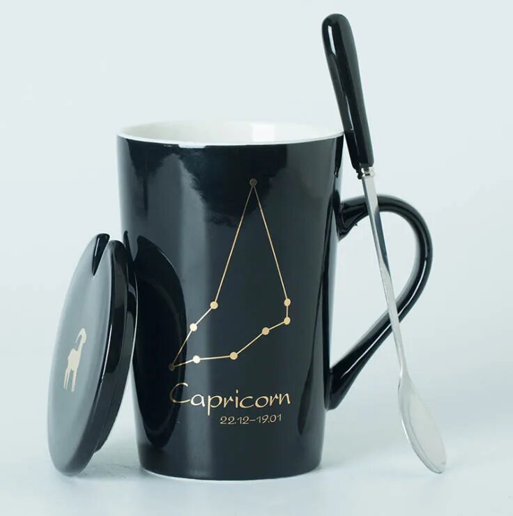 Кружки GIZILI "Зодиак", керамика, черные и золотые, с крышкой и ложкой, black 07, 401-500 мл