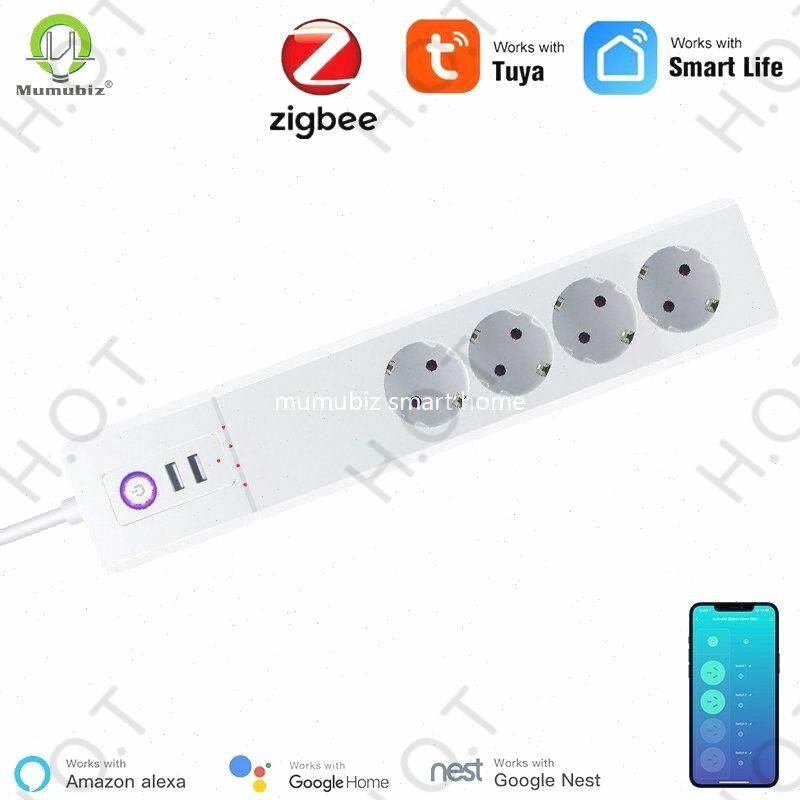 Tuya Smart Zigbee Удлинитель питания 4 розетки 2 порта USB APP беспроводное управление