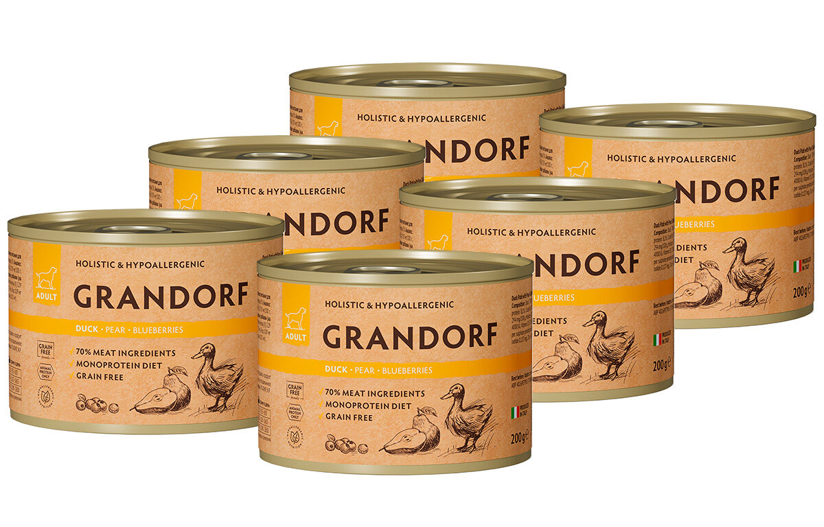 Корм влажный Grandorf для взрослых собак с уткой, грушей и черникой, 200 г х 6 шт